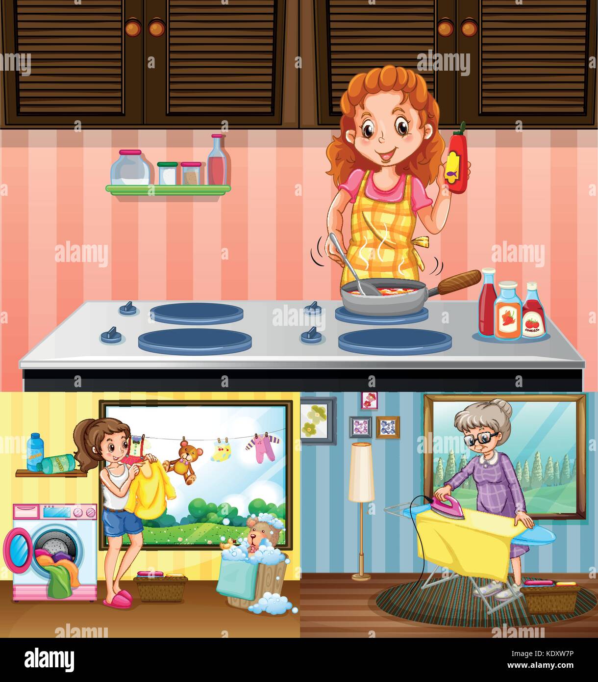 Women doing different chores in the house illustration Stock Vector ...
