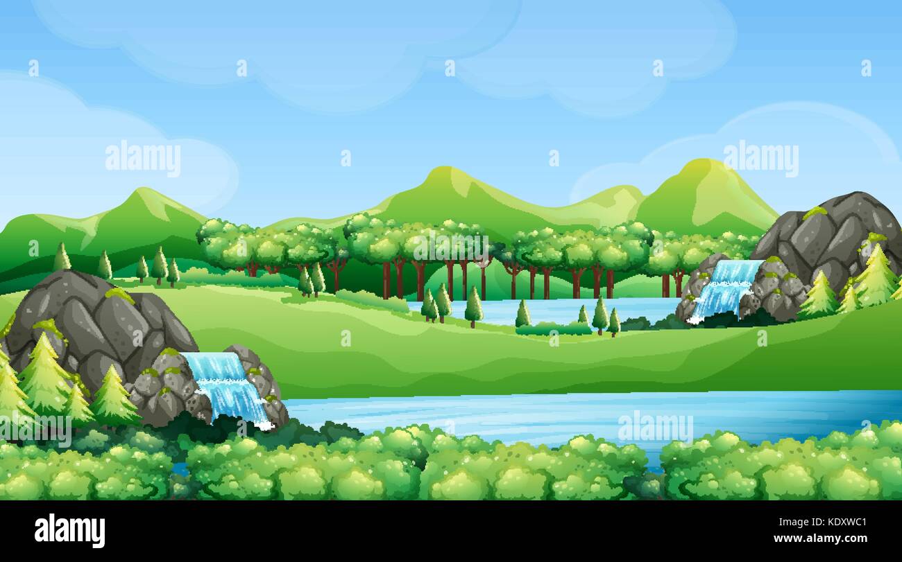 Nature scene with waterfalls and lake illustration Stock Vector Image ...