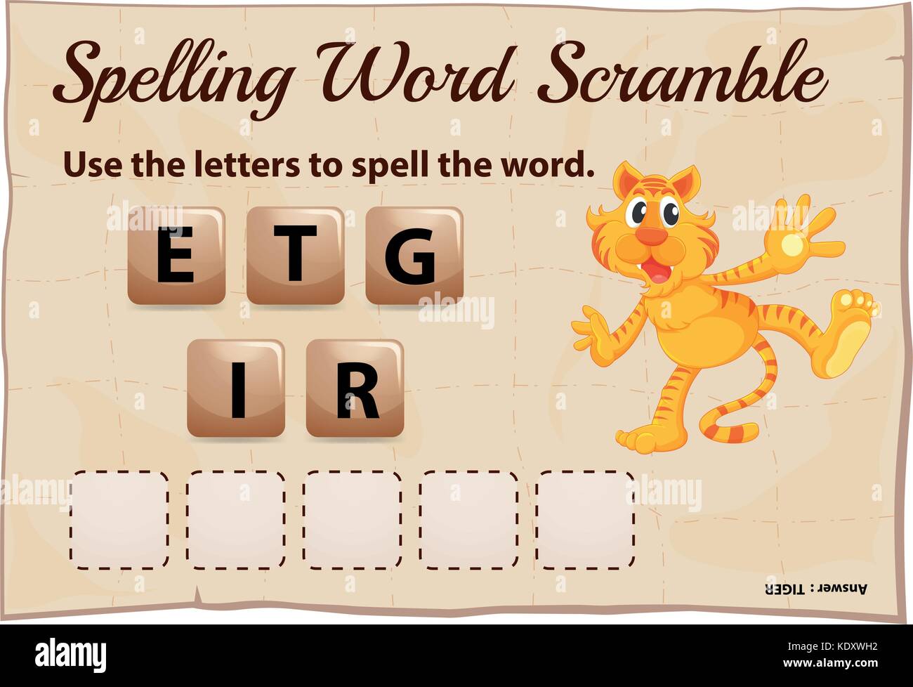 Spelling word scramble template with word tiger illustration Stock ...