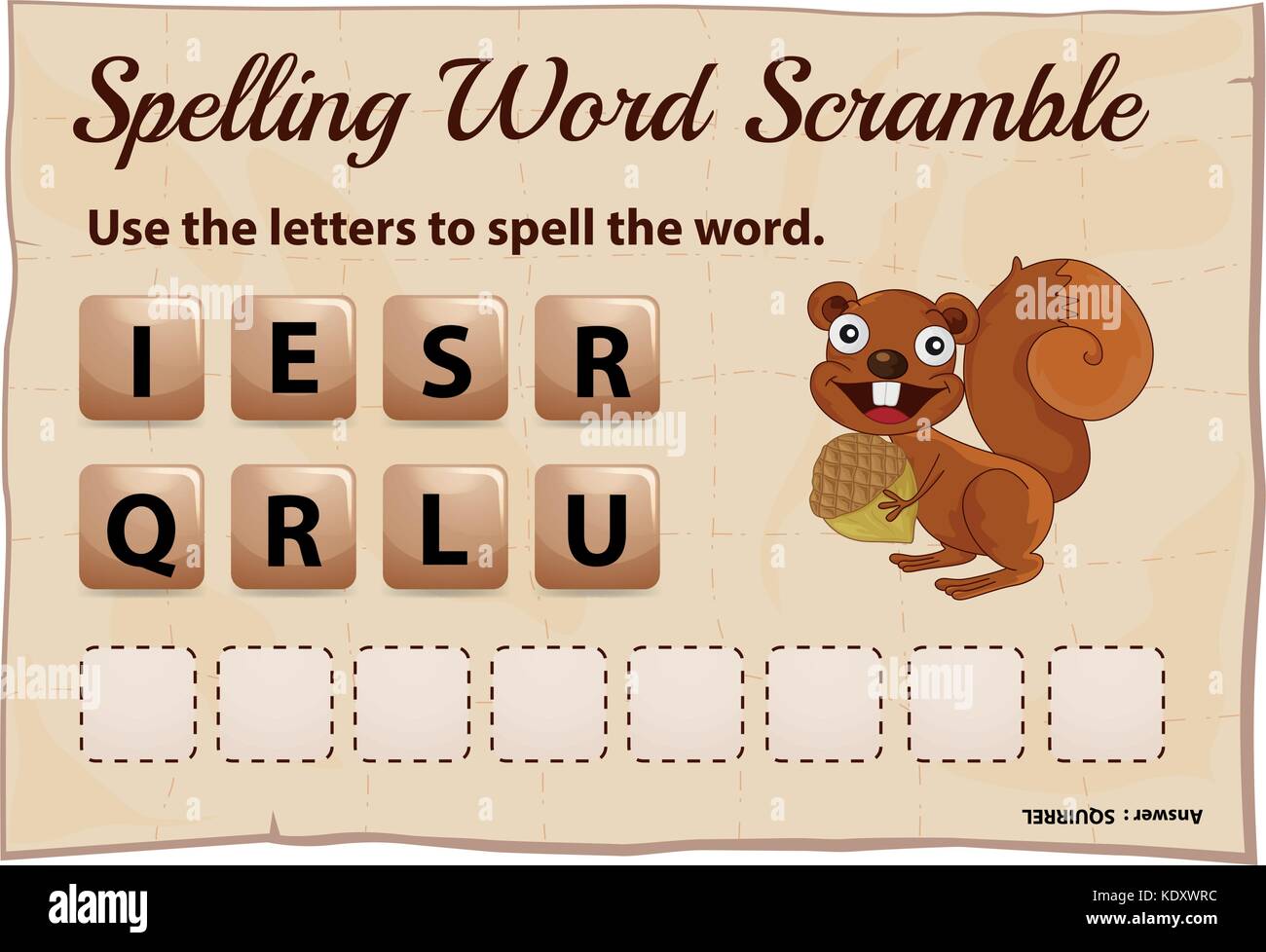 Spelling word scramble game template with squirrel illustration Stock ...