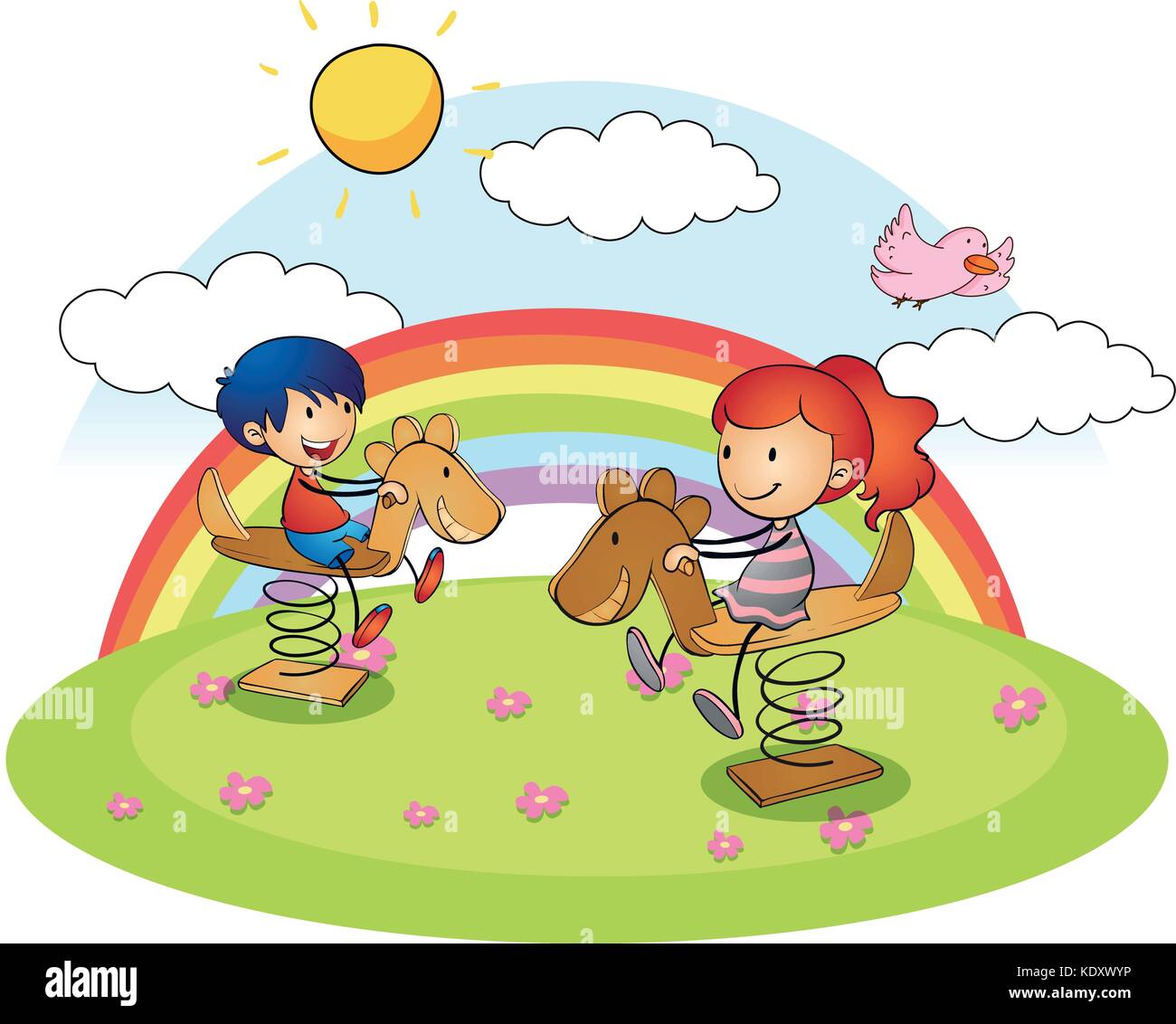Boy and girl on rocking horse illustration Stock Vector Image & Art - Alamy