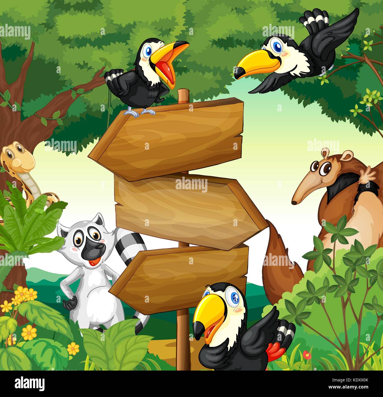 Wild animals around the wooden sign in woods illustration Stock Vector ...