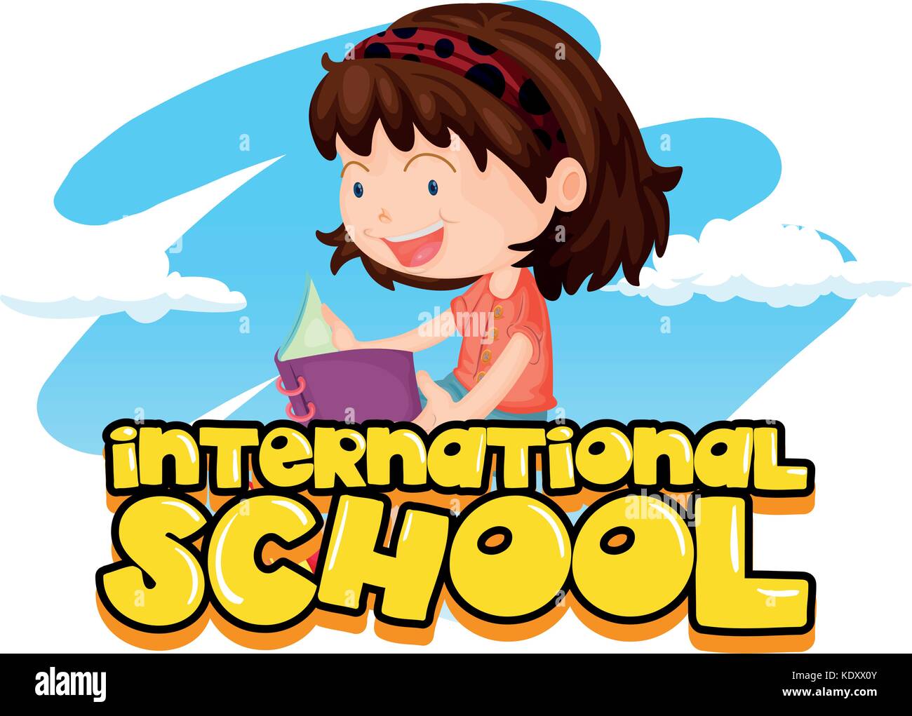 International school sign with girl reading book illustration Stock ...