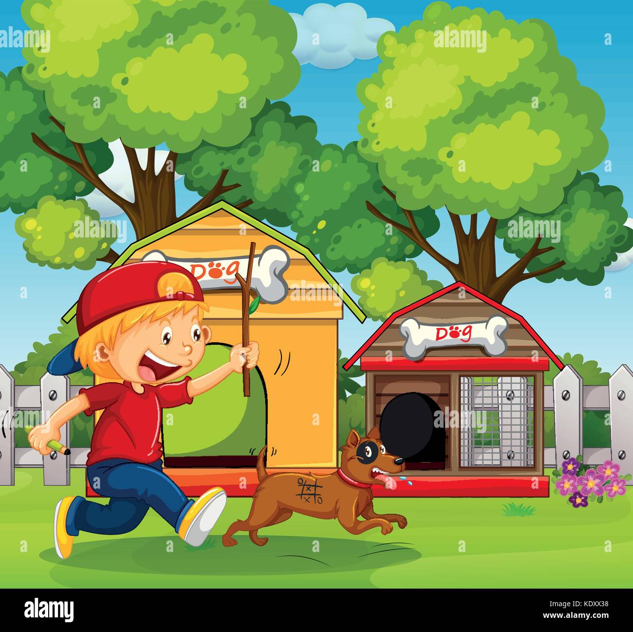 Boy chasing dog in garden illustration Stock Vector Image & Art - Alamy