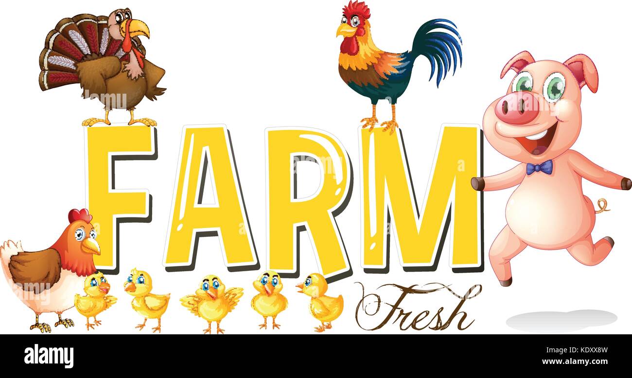 Font design for farm with pig and chickens illustration Stock Vector ...