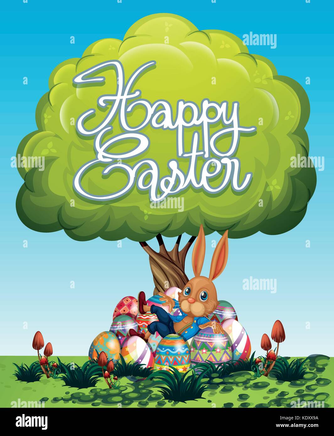 Happy Easter poster with bunny and eggs under the tree illustration ...