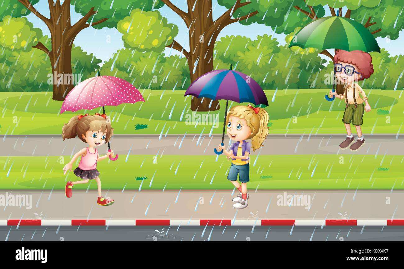 Park scene with kids in the rain illustration Stock Vector Image & Art ...