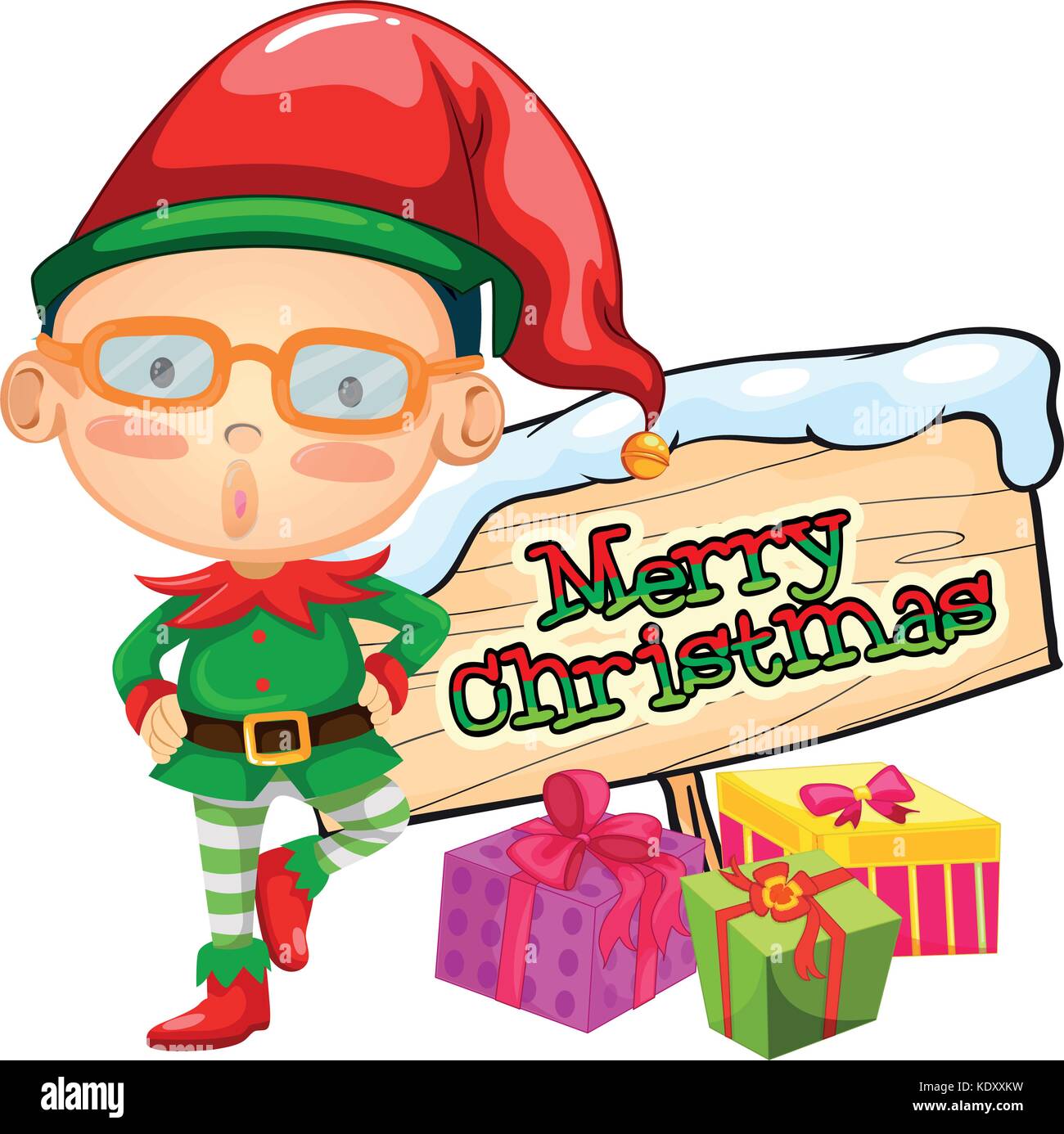 Christmas theme with elf and present boxes illustration Stock Vector ...