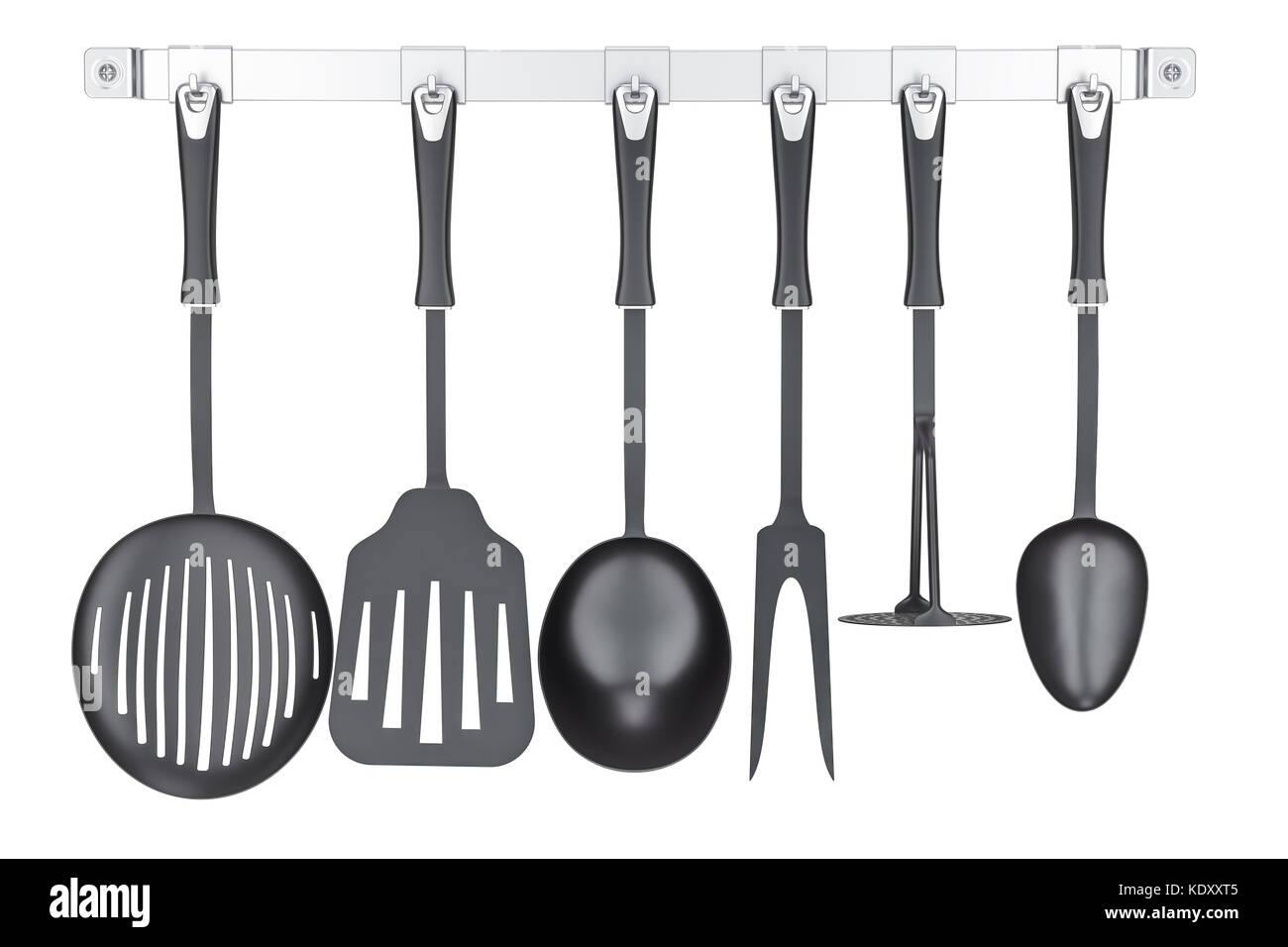 Set of kitchen utensils on a kitchen hook strip, 3D rendering isolated ...