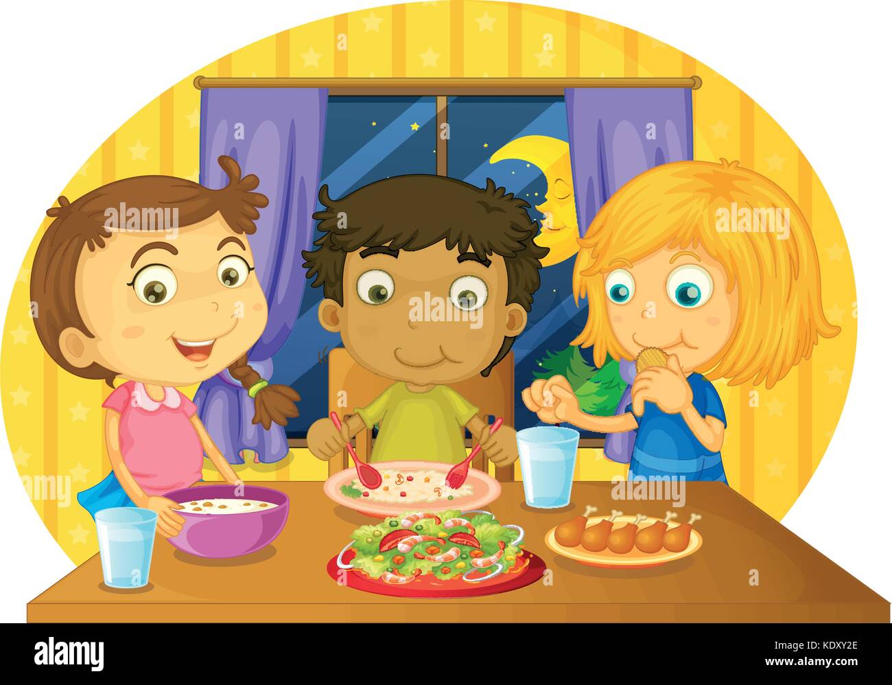 Three kids having meal on the table illustration Stock Vector Image ...