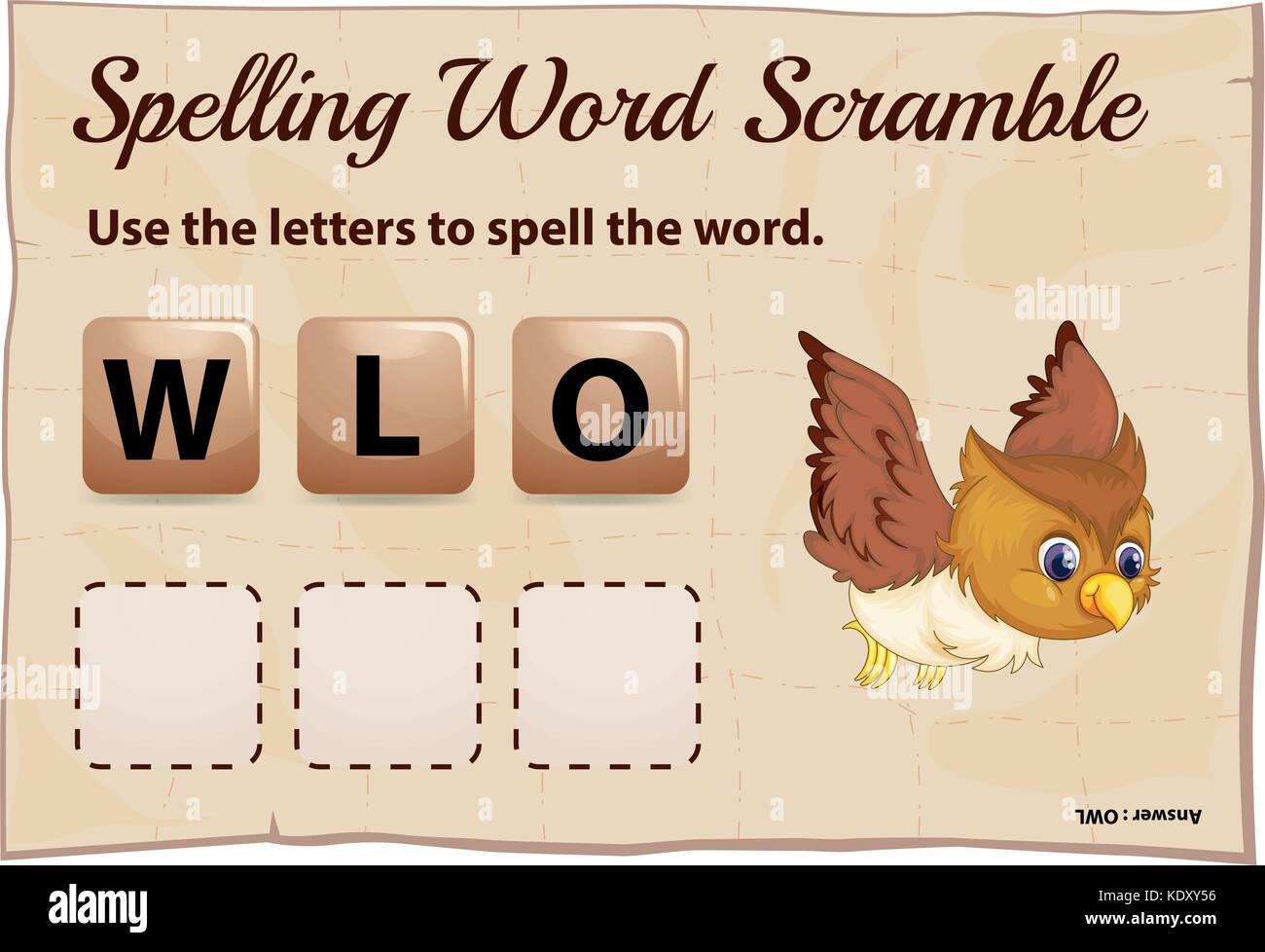 Spelling word scramble template with word owl illustration Stock Vector ...