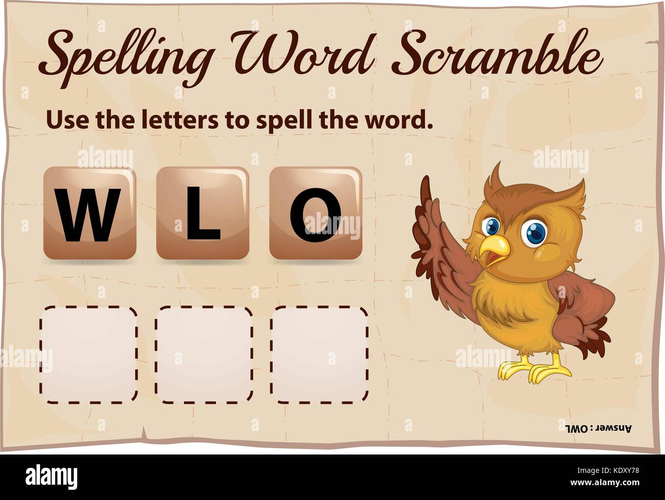 Spelling word scramble template with cute owl illustration Stock Vector ...