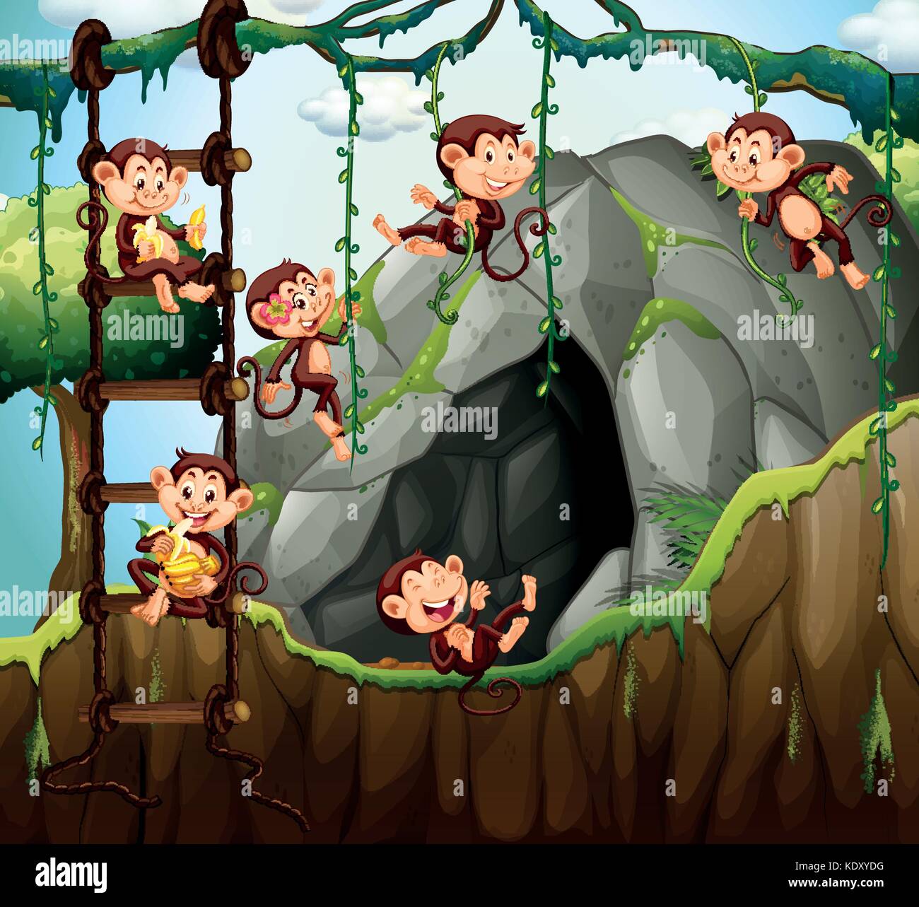 Scene with monkeys playing in the cave illustration Stock Vector Image ...