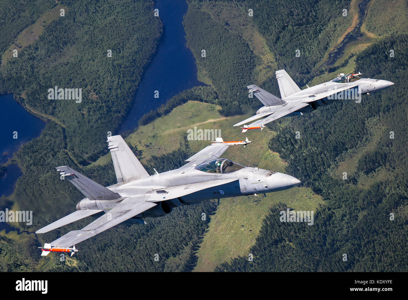 Finnish F18 Hornets photographed flying over Sweden Stock Photo - Alamy