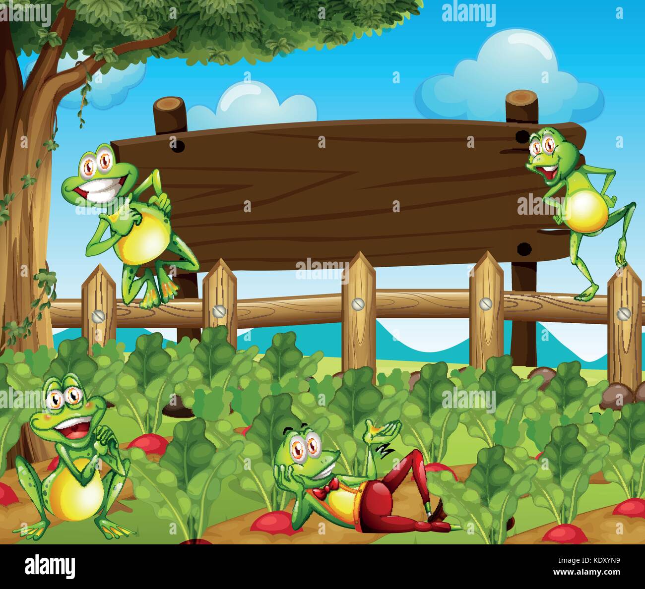 Frogs and wooden sign in the farm illustration Stock Vector Image & Art ...