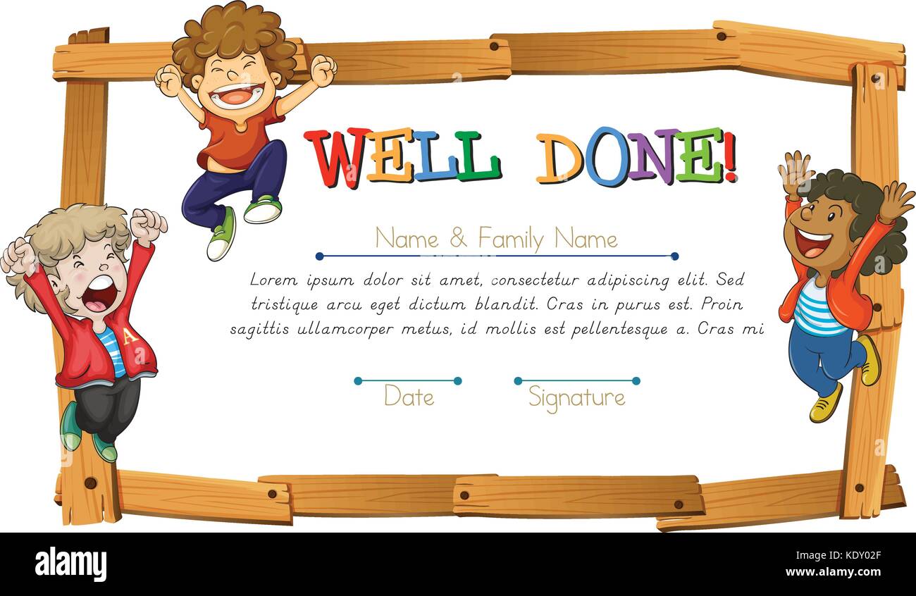 Certificate template with kids and wooden frame illustration Stock ...
