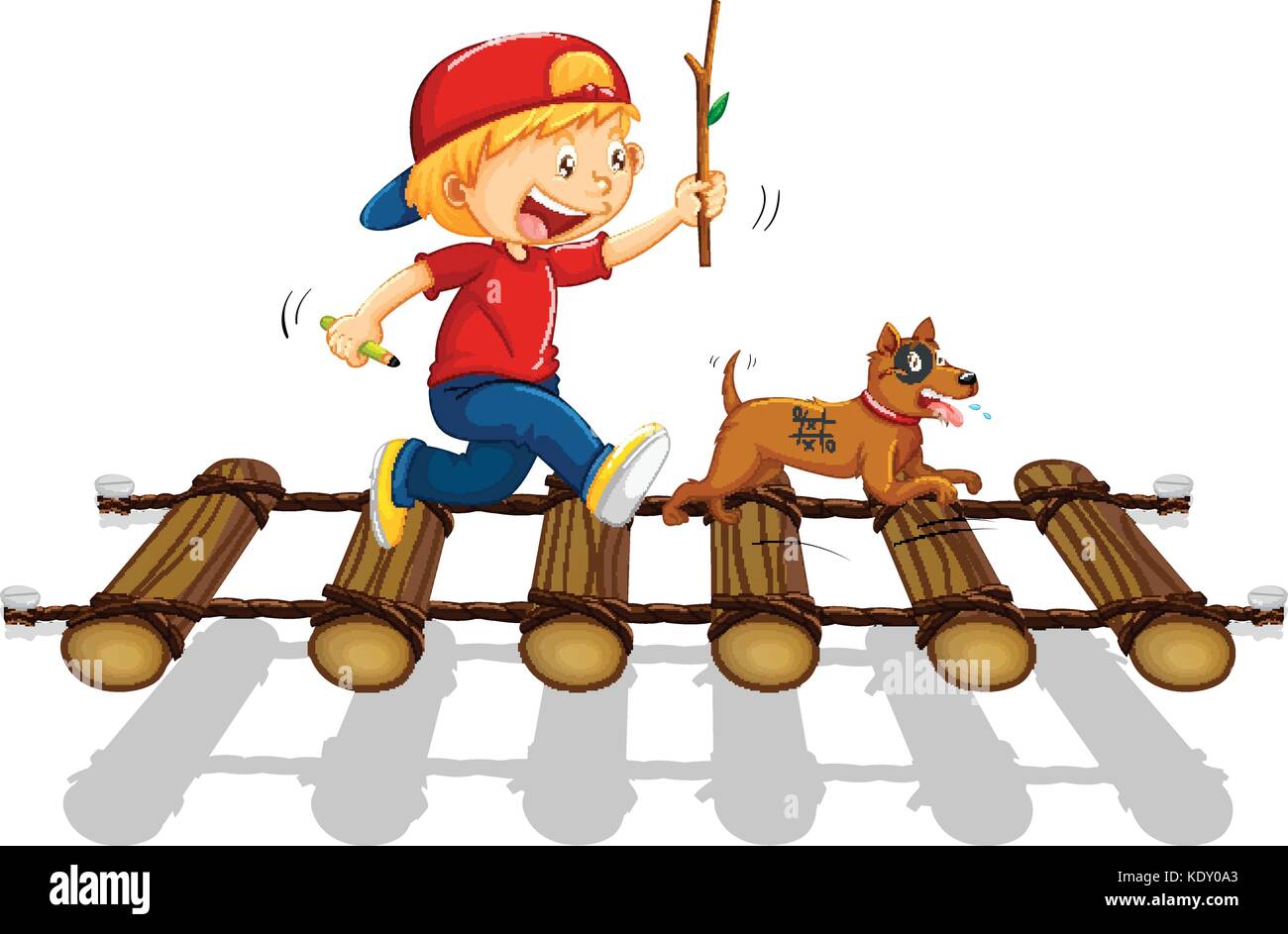 Boy and dog running on the bridge illustration Stock Vector Image & Art ...