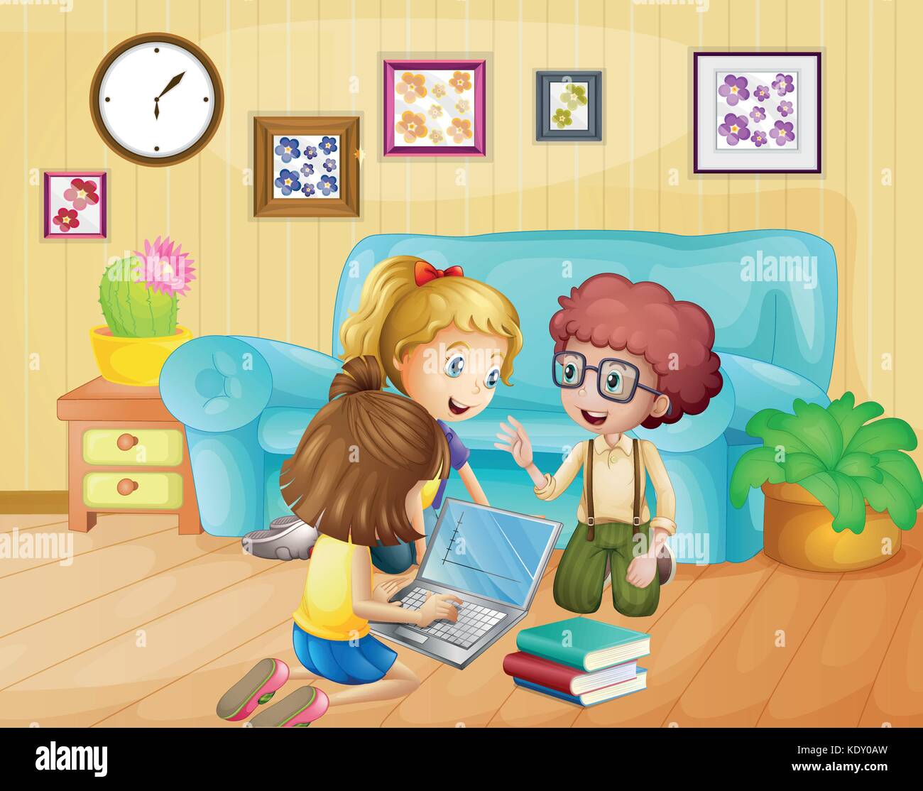 Kids working on computer at home illustration Stock Vector Image & Art ...