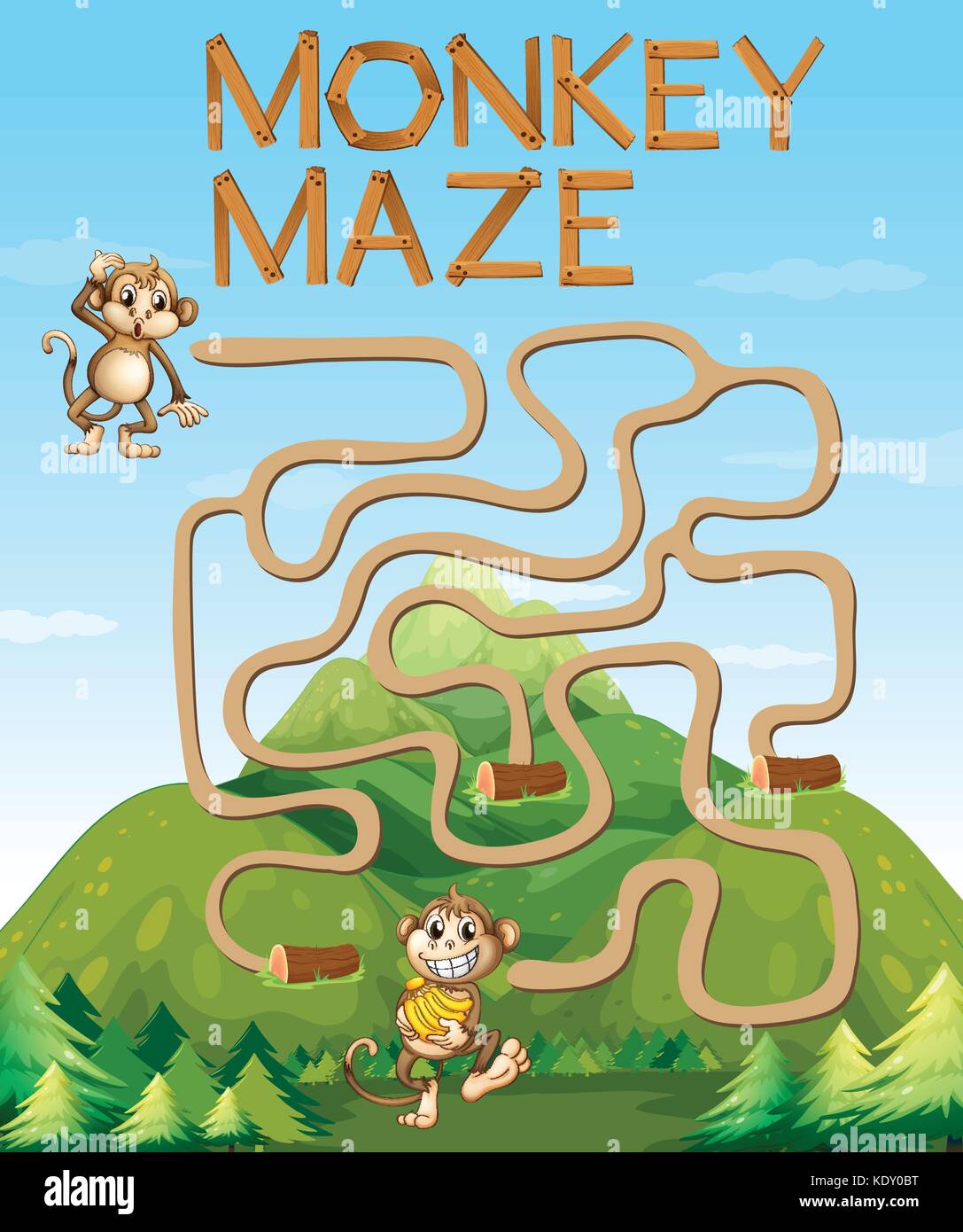 Maze game with monkeys in the forest illustration Stock Vector Image ...