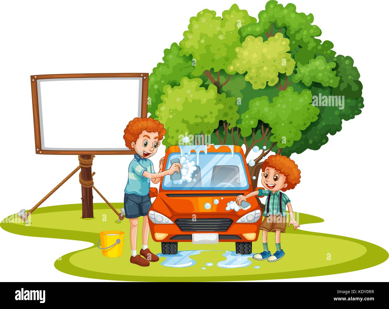Dad and son washing car on the lawn illustration Stock Vector Image ...