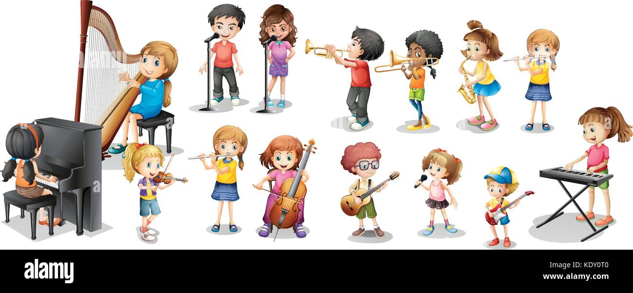 Many children playing different musical instruments illustration Stock ...