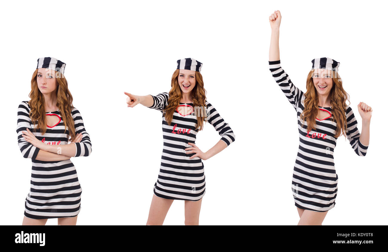 Pretty girl in prisoner uniform isolated on white Stock Photo - Alamy