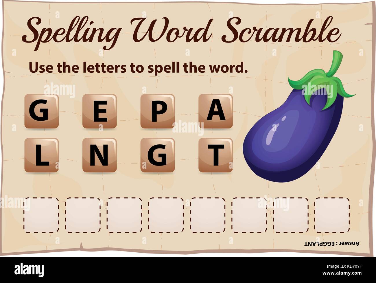 Spelling word scramble game template with word eggplant illustration ...