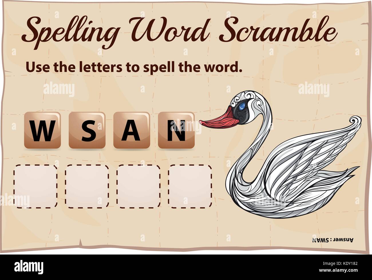 Spelling word scramble template with word swan illustration Stock ...