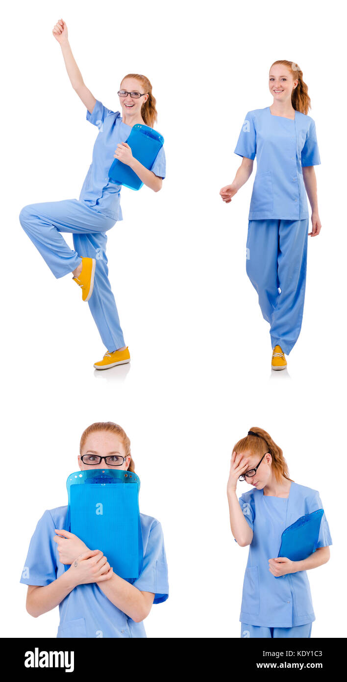 Pretty dancing doctor in blue uniform with documents isolated on white ...