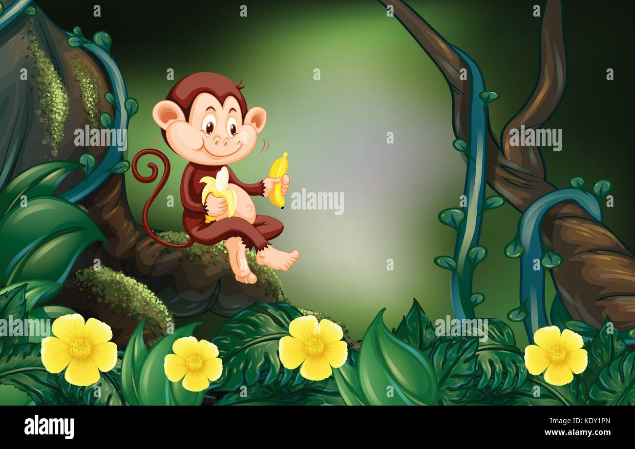 Monkey eating banana in forest illustration Stock Vector Image & Art ...