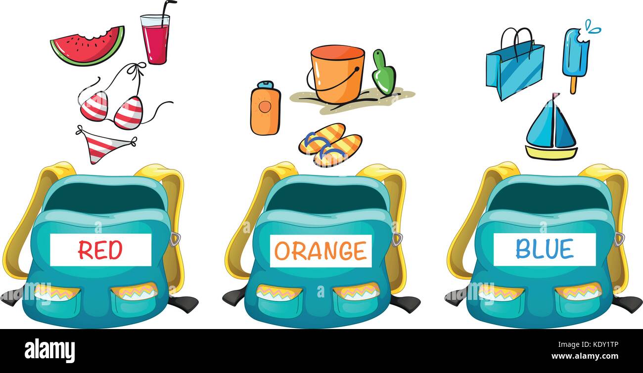 Three backpacks with different color items in it illustration Stock ...
