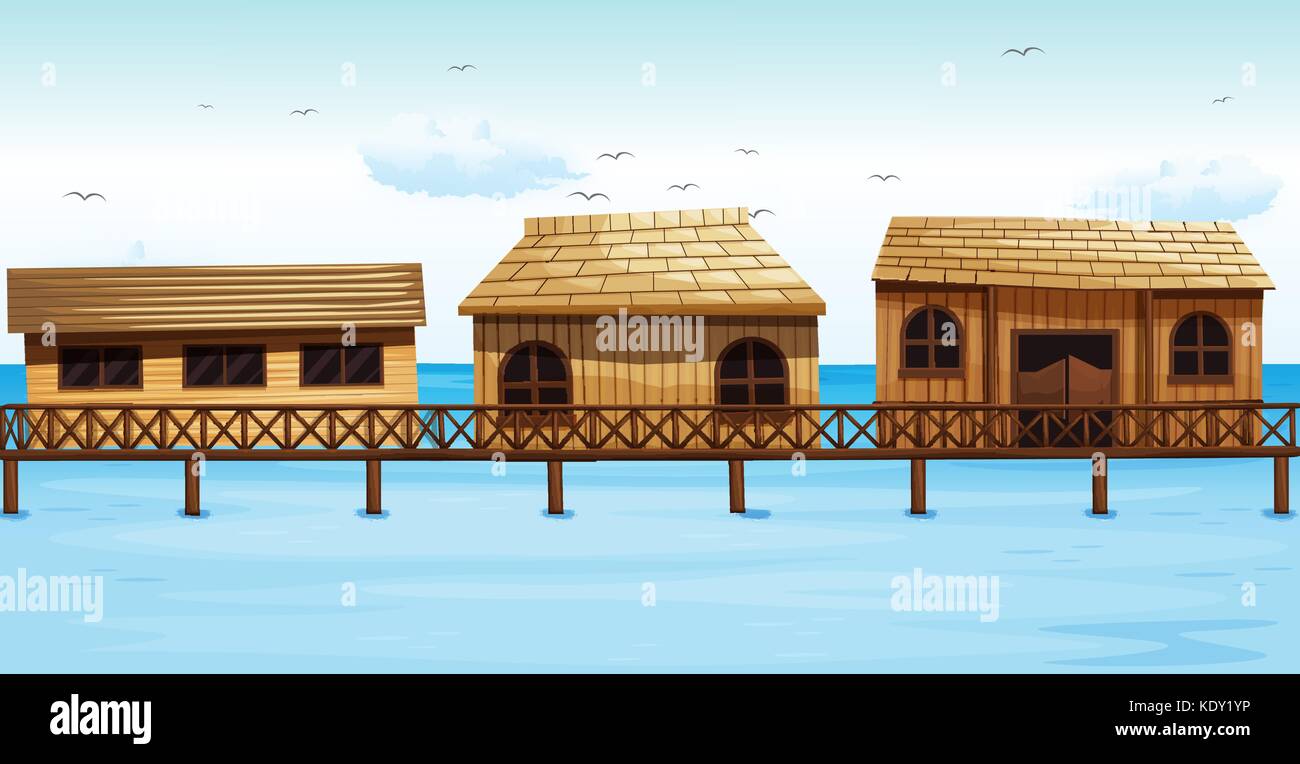 Three vacation houses on water illustration Stock Vector Image & Art ...