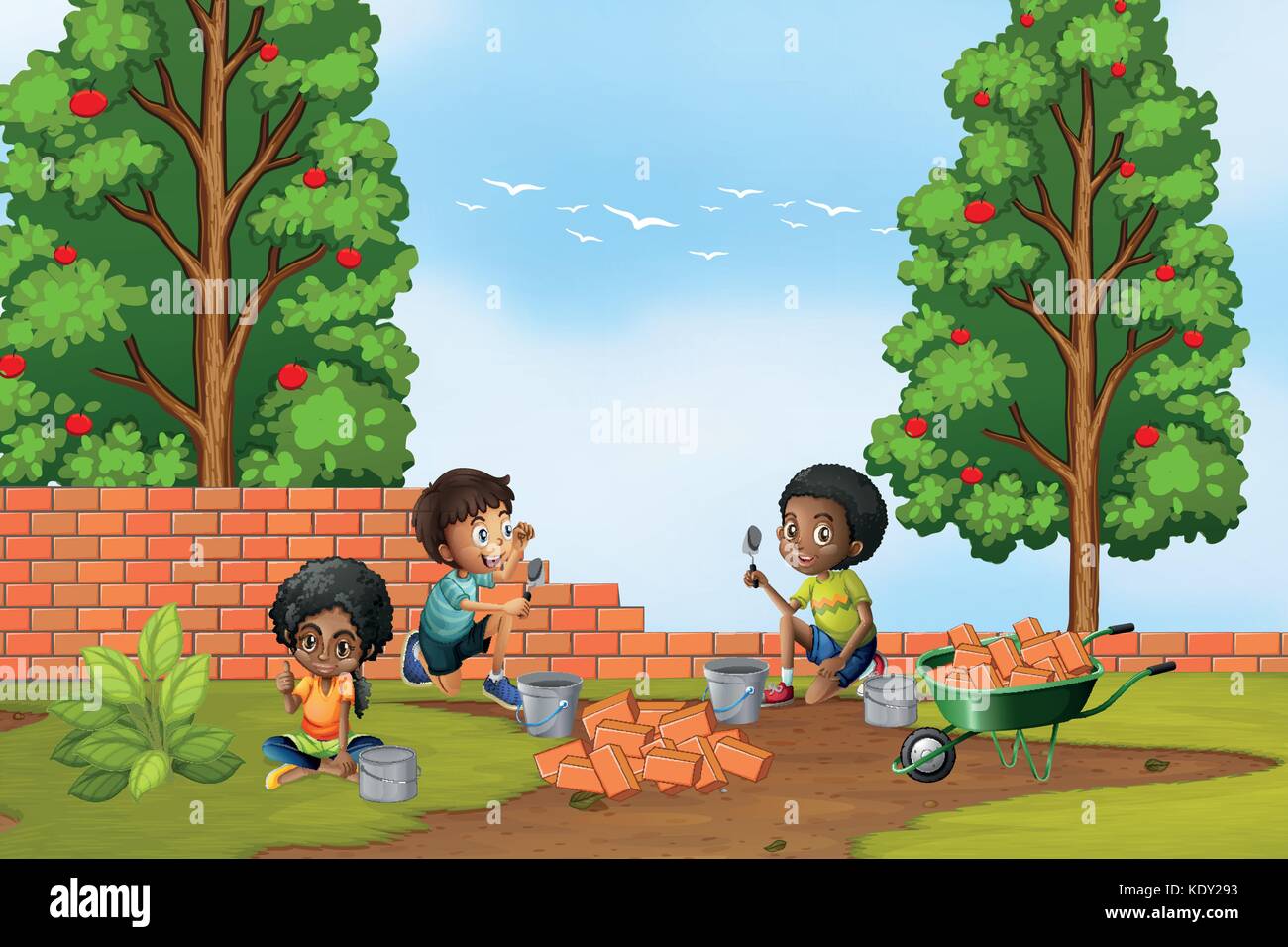 Three kids layering bricks in the garden illustration Stock Vector ...