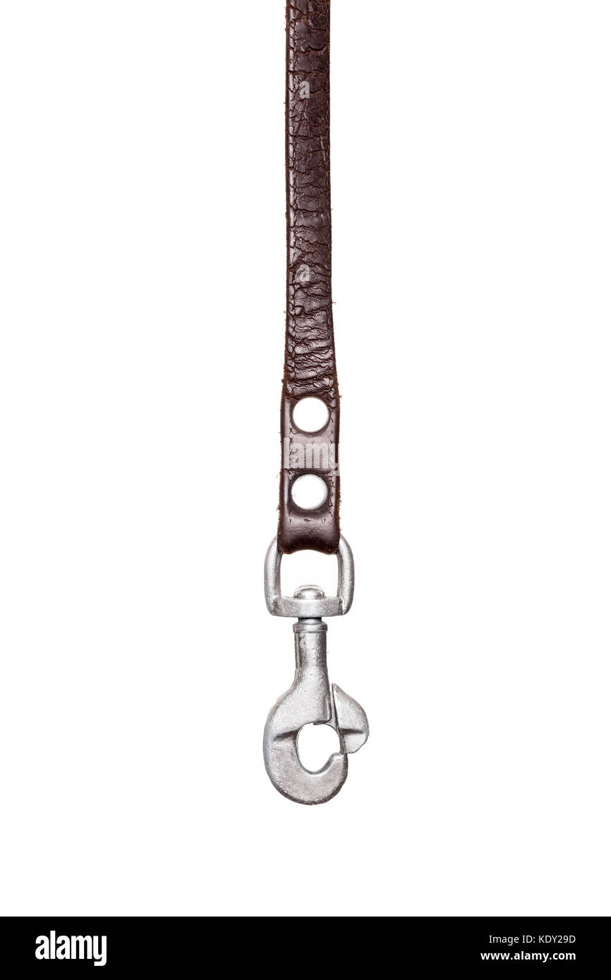 retro vintage old brown leather leash hanging , isolated on white ...