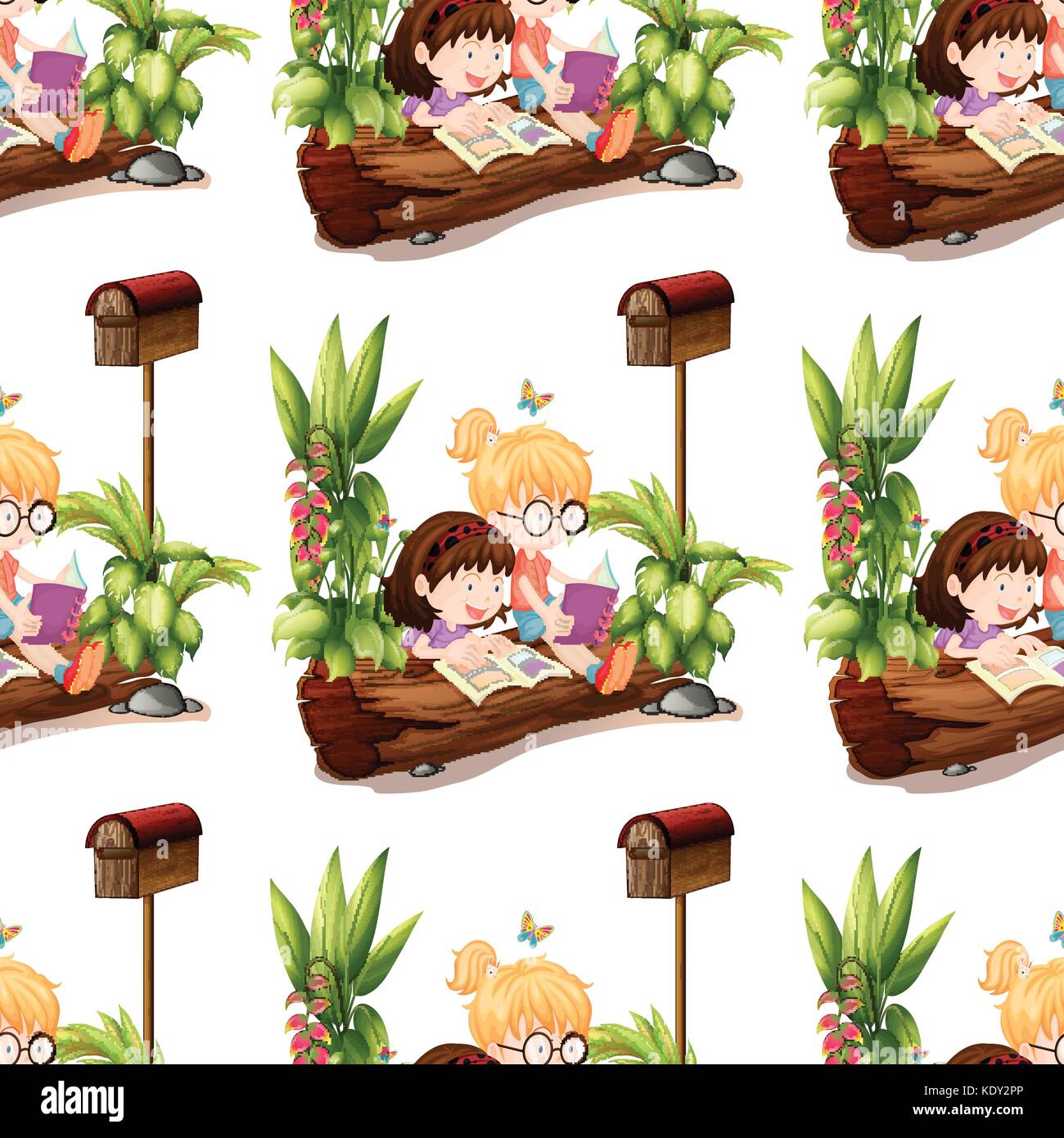 Seamless background design with girls reading book illustration Stock ...