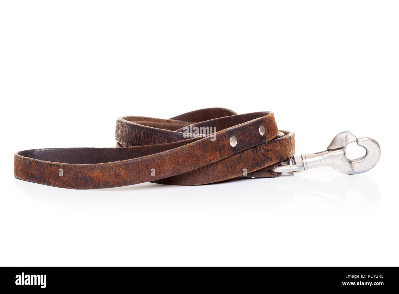 retro vintage old brown leather leash , isolated on white background ...