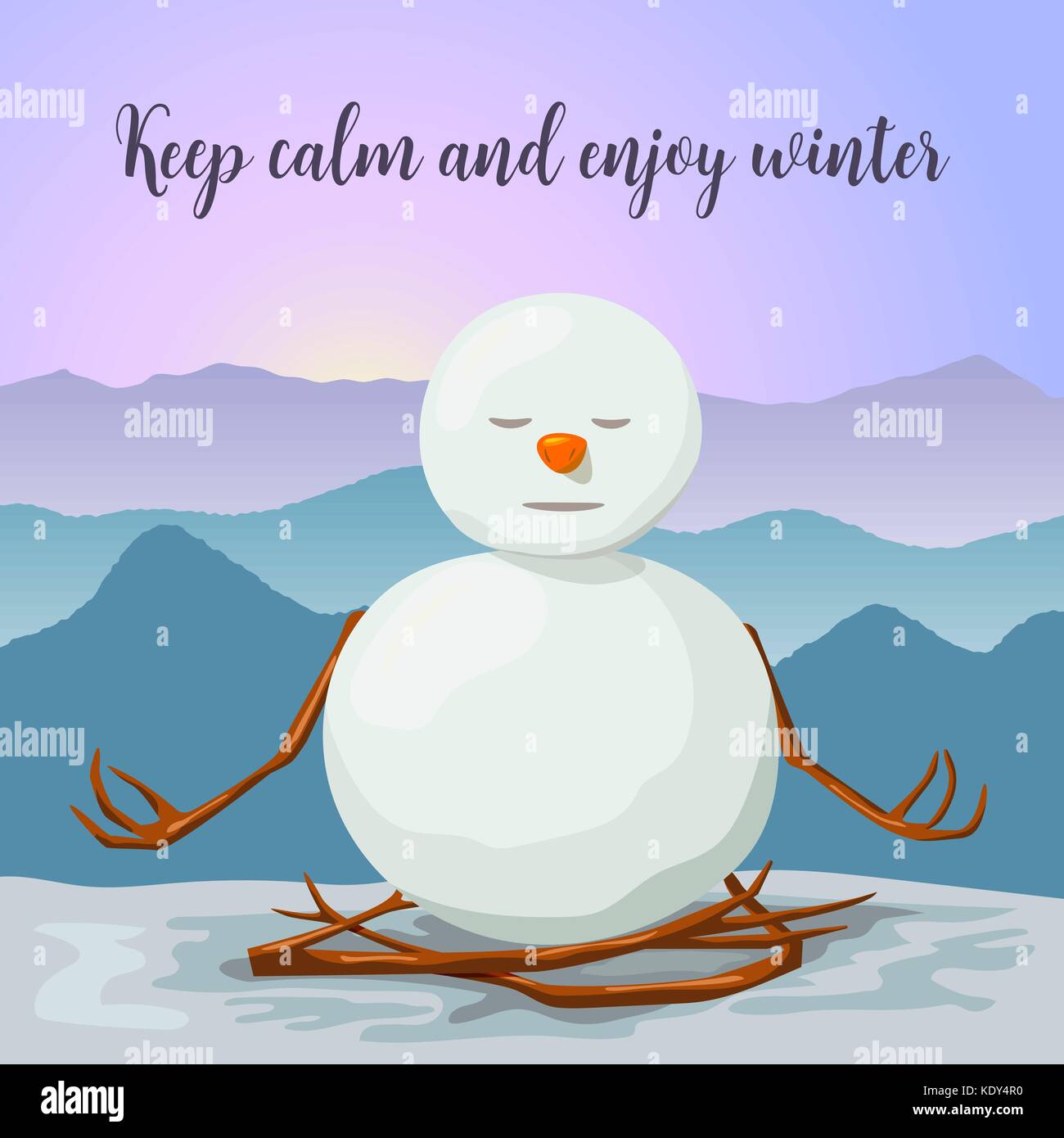 Snowman peaceful and relaxed. yoga lotus posture. Sunrise in winter ...