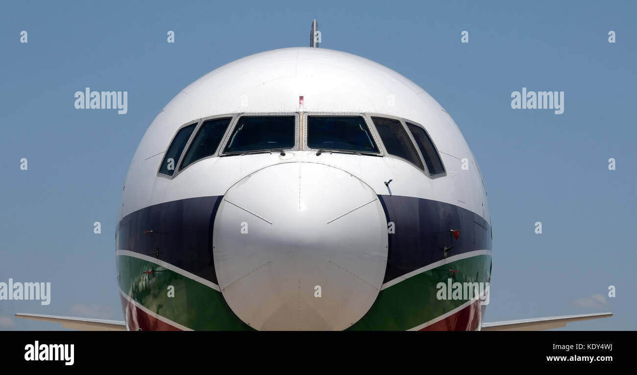 Modent passenger jet closeup nose view Stock Photo - Alamy