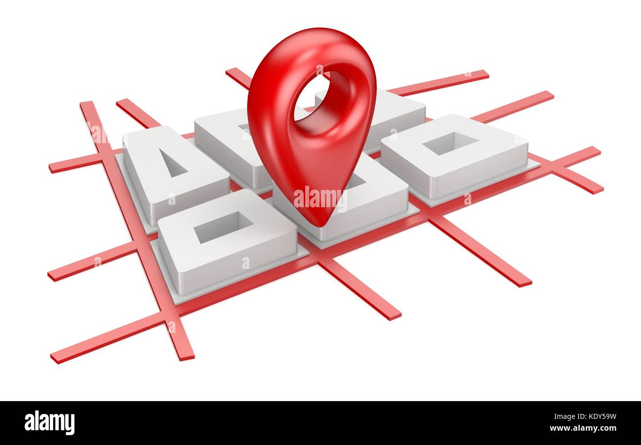 Red map pointer on city plane navigation concept 3D render illustration ...