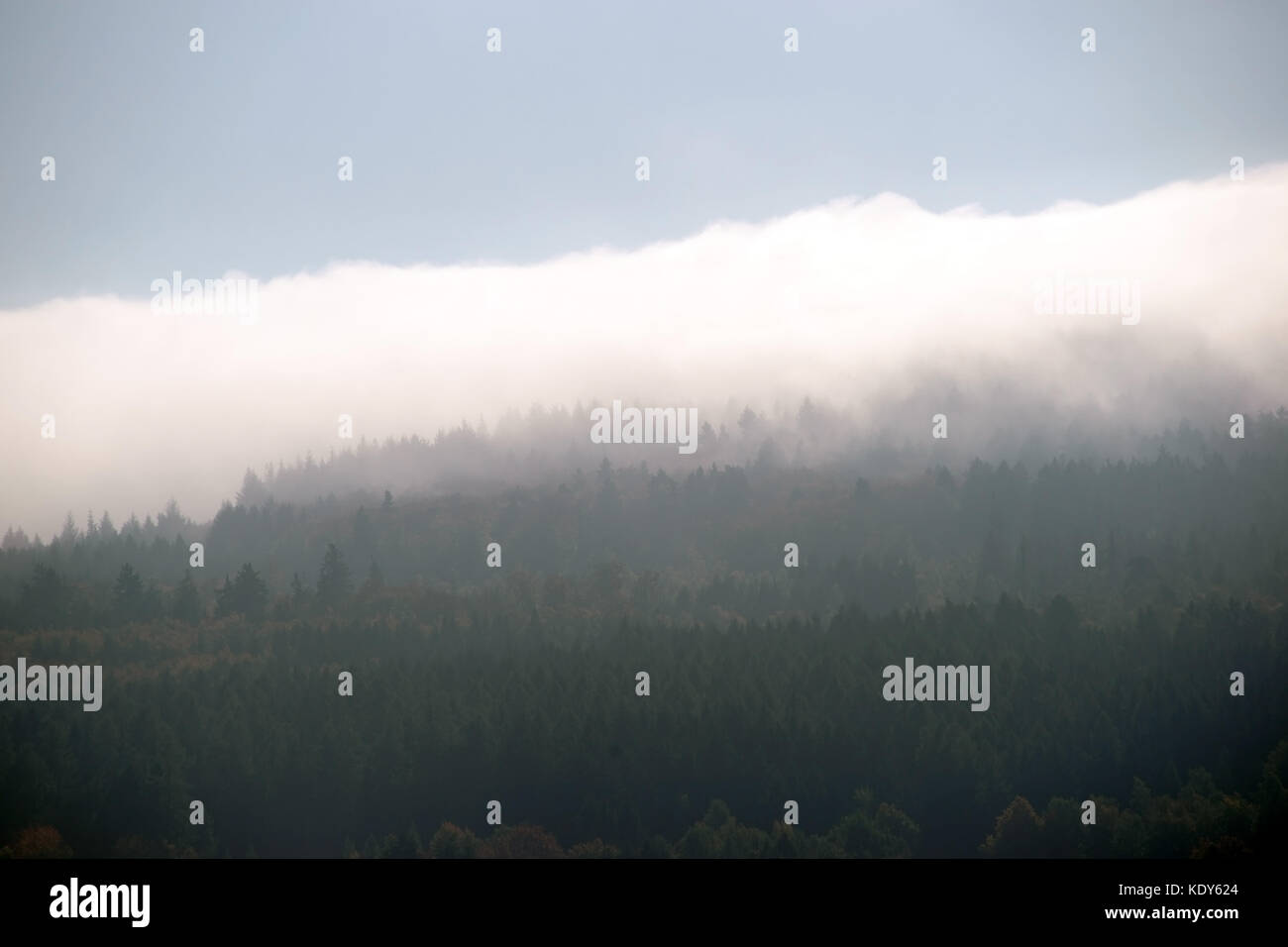 Clouds and fog tapes pass over the wooded ridges of a mountain chain ...