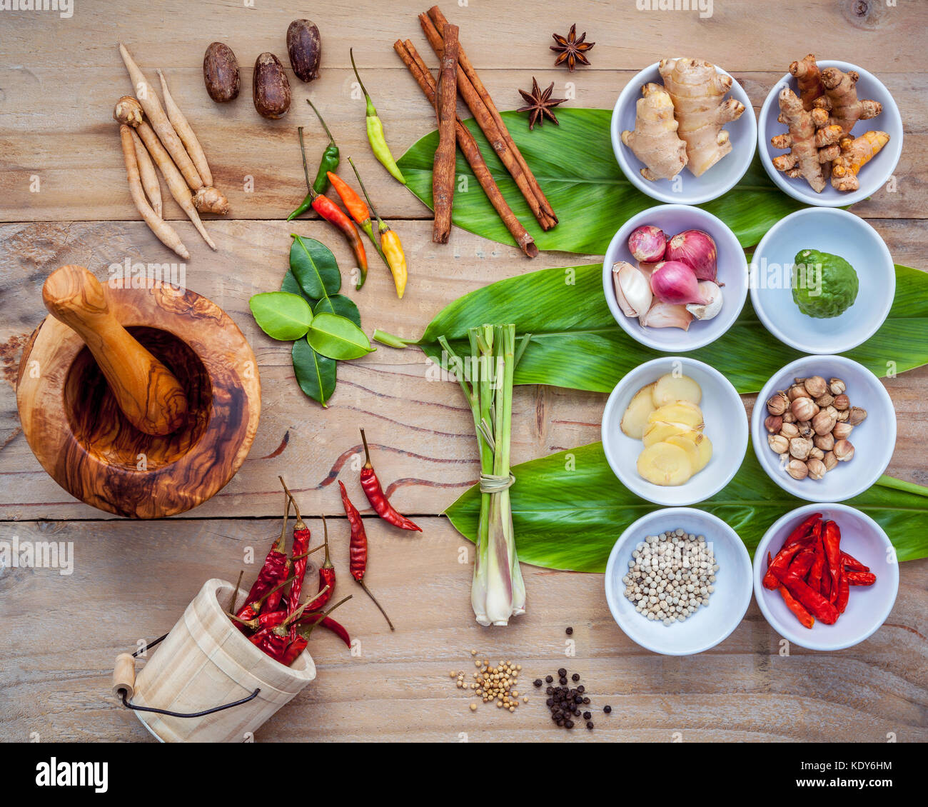 Various of thai food cooking ingredients for spice red curry paste ...