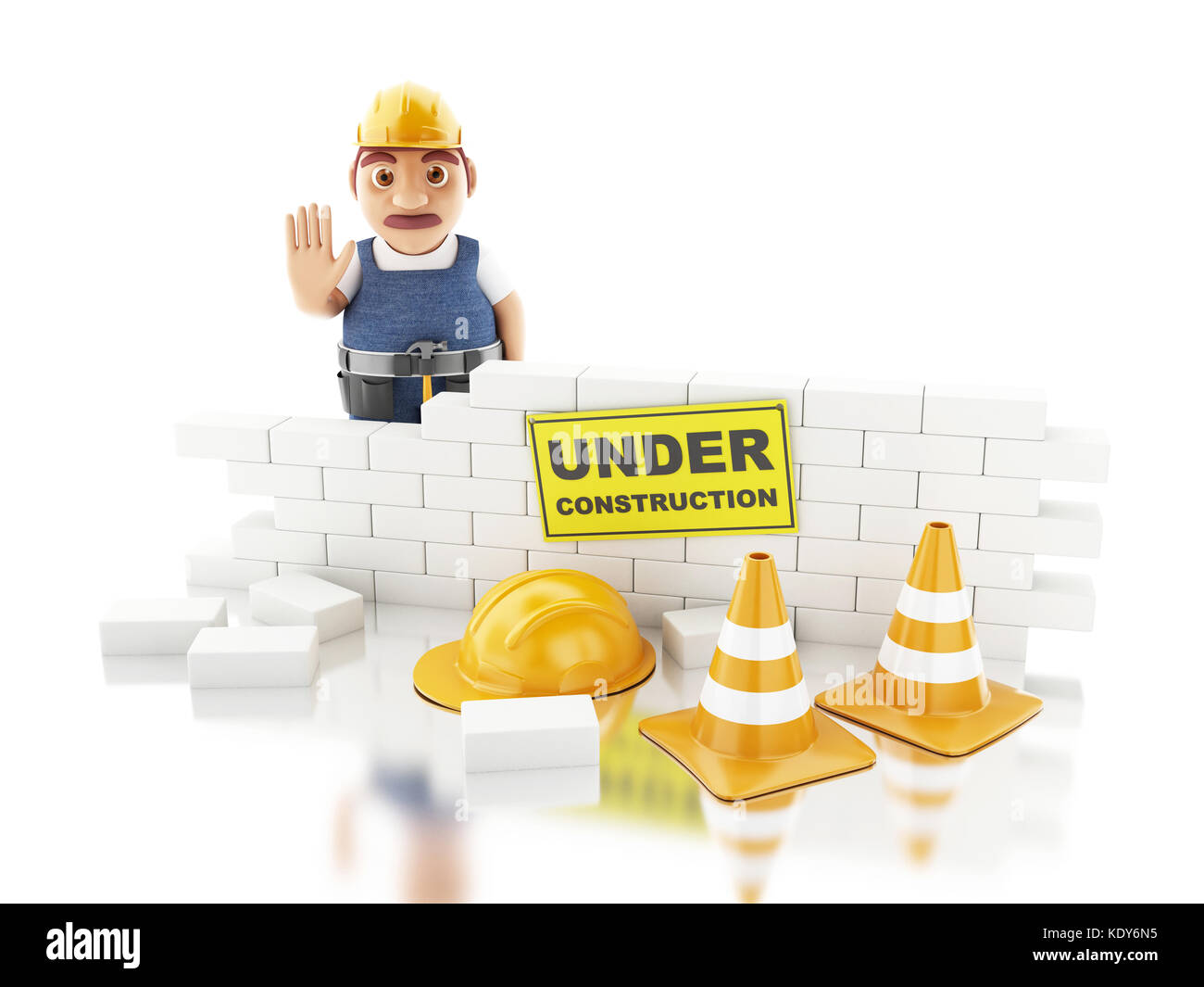 3d renderer illustration. Worker and brick wall. Under construction ...
