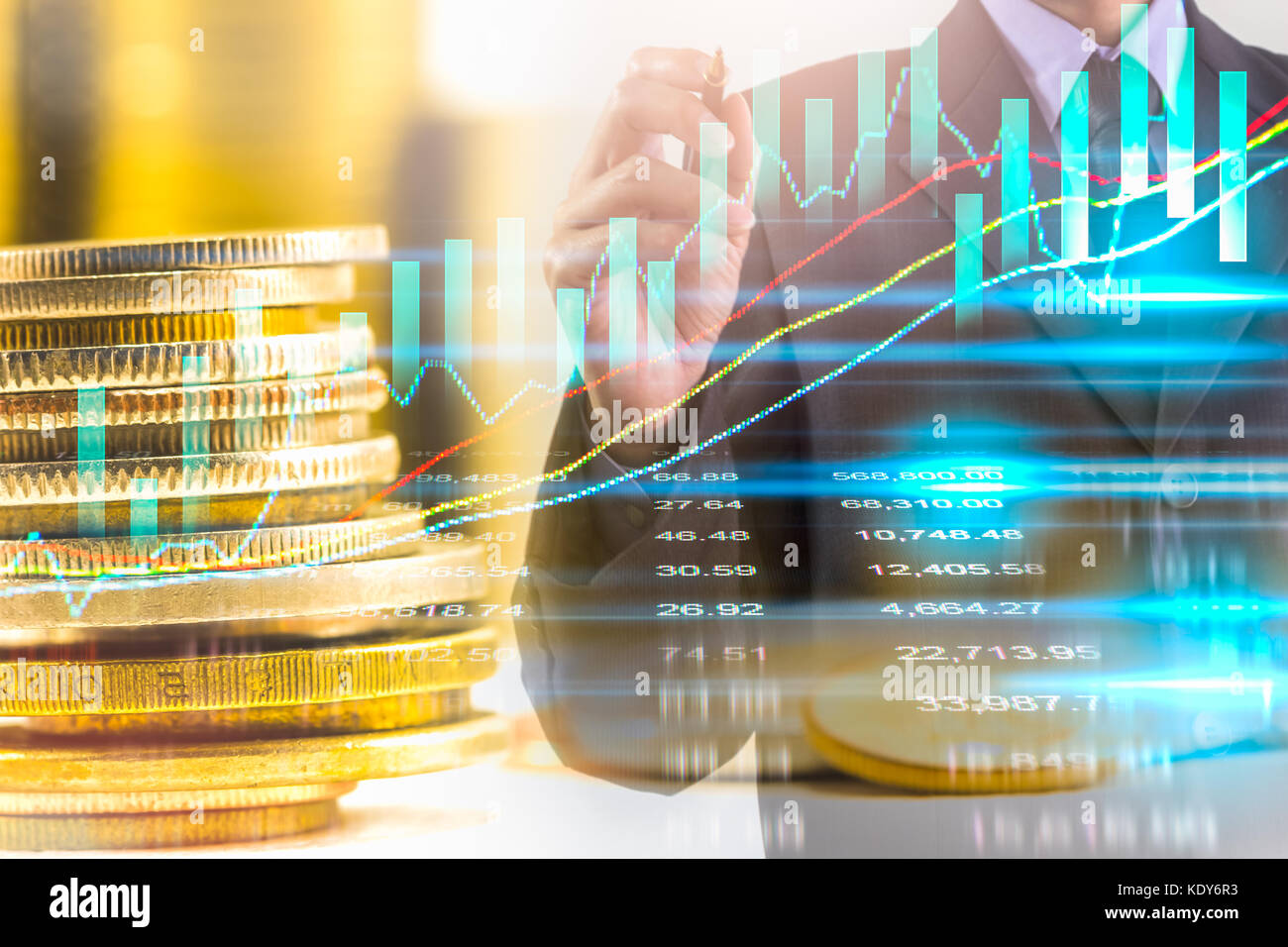 Business man on stock market financial trade indicator background. Man ...