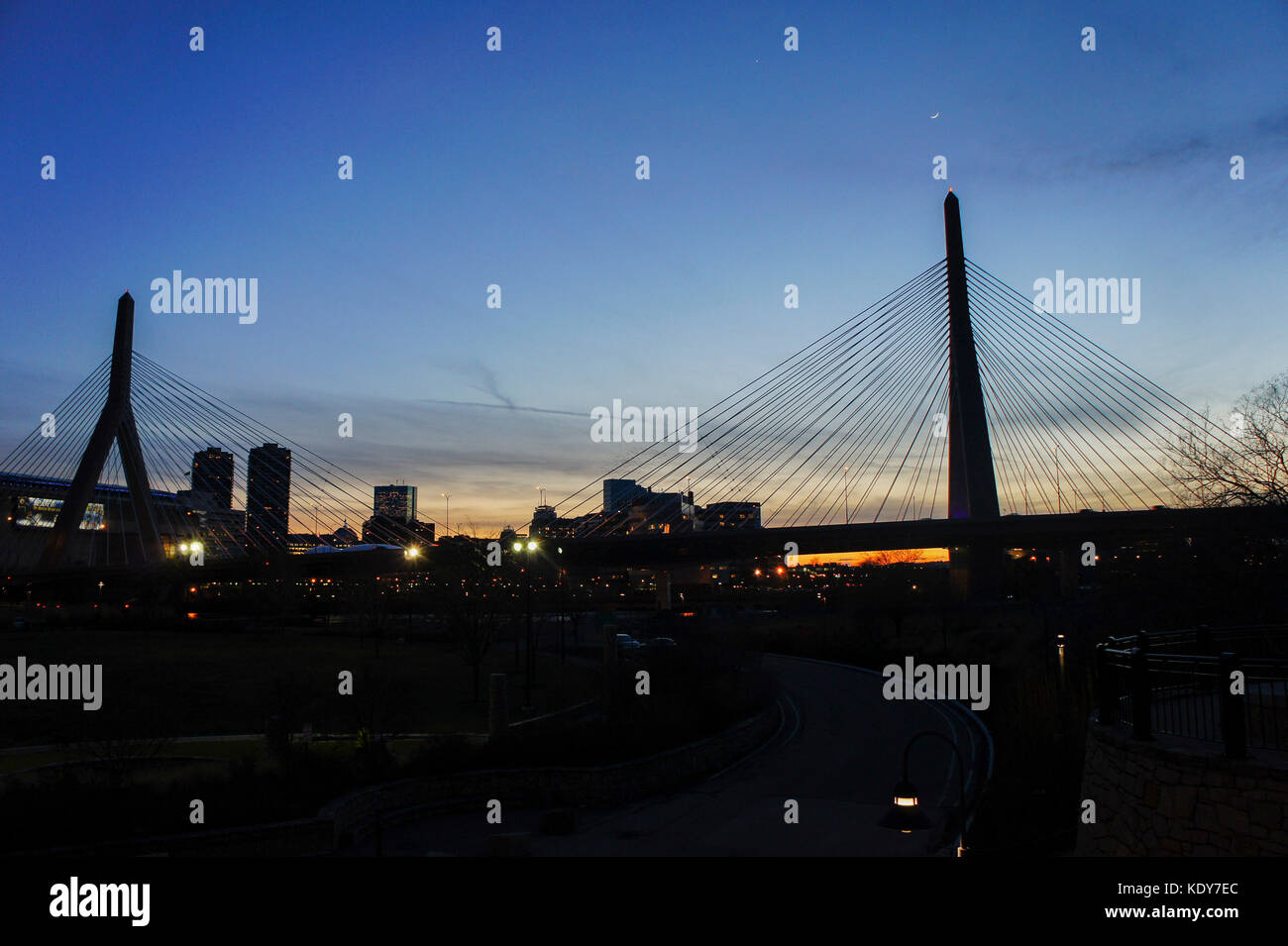 Sunset view of the Leonard P. Zakim Bunker Hill Bridge at Boston ...