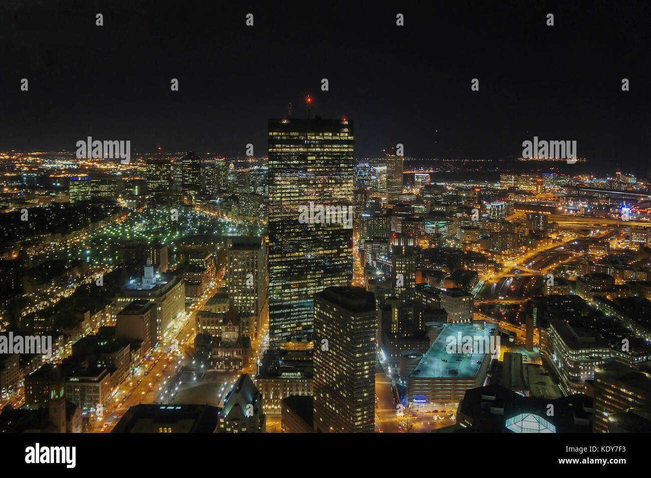 Boston, JAN 26: Night aerial view of the Boston cityscape on JAN 26 ...