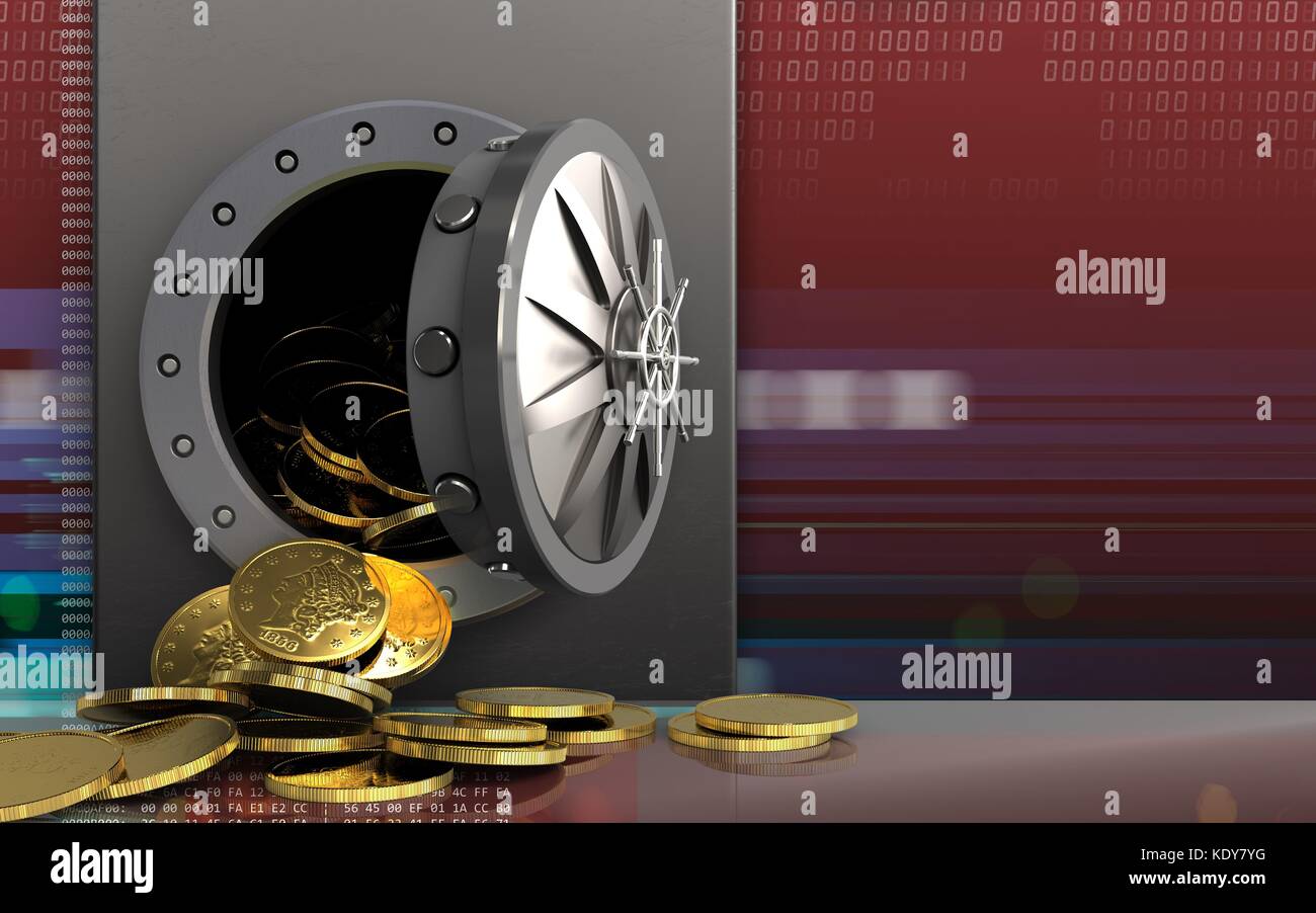 3d illustration of metal box with coins over digital red background ...