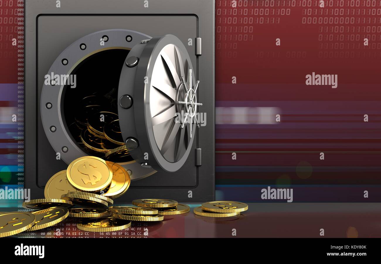3d illustration of metal safe with dollar coins over digital red ...