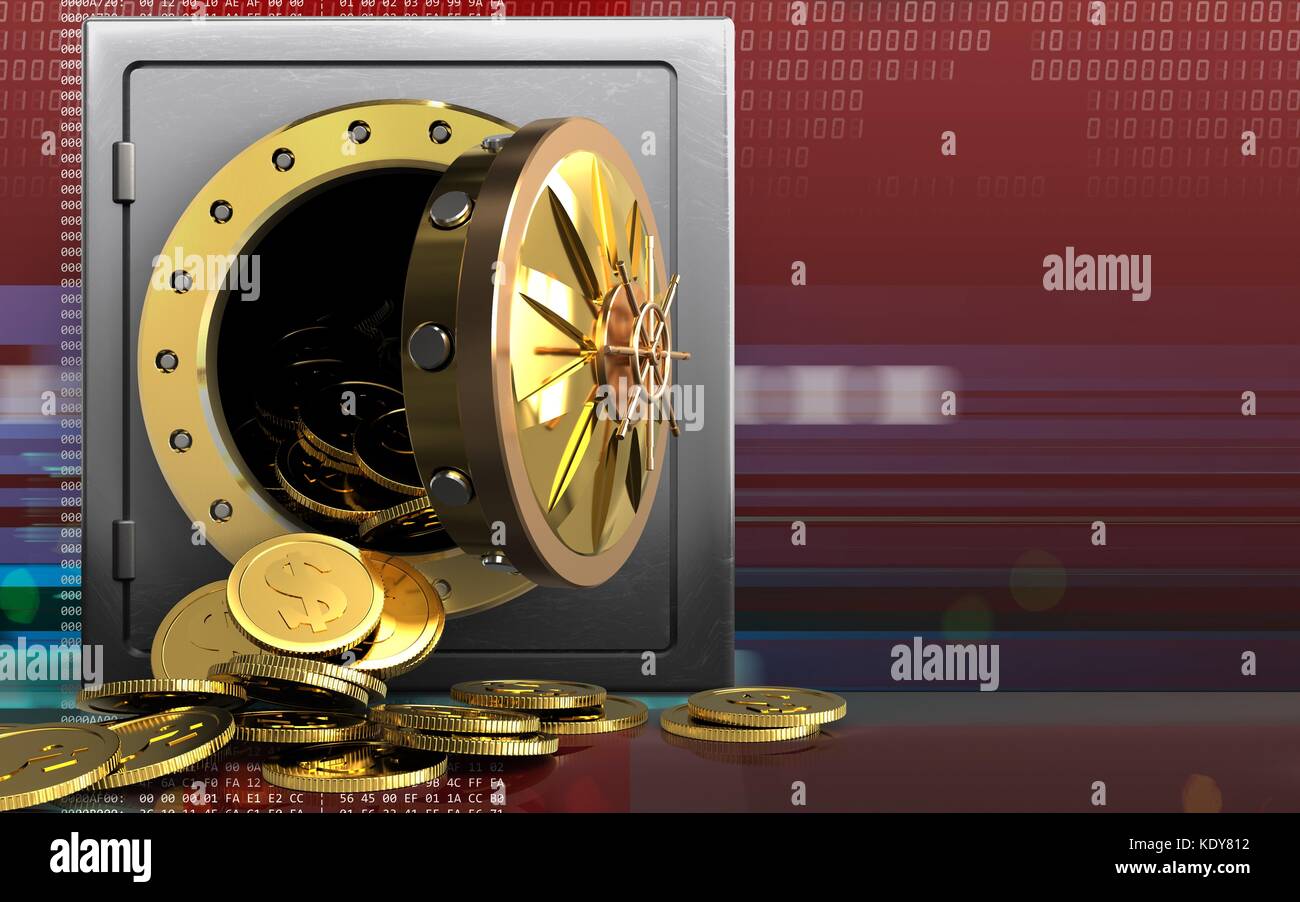 3d illustration of metal safe with dollar coins over digital red ...
