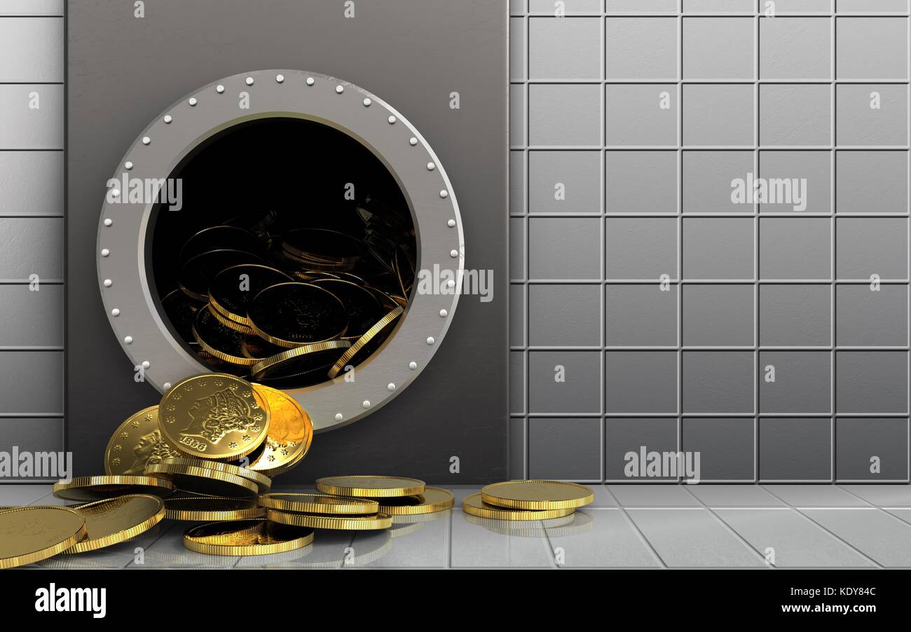 3d illustration of metal box with coins over white wall background ...