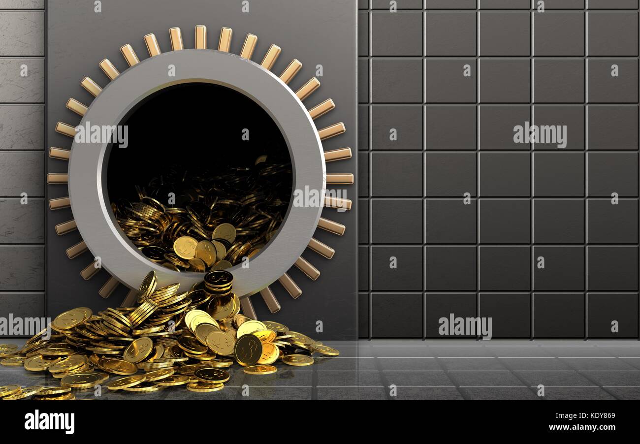 3d illustration of metal box with golden coins over steel wall ...